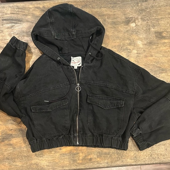 Stoosh | Jackets & Coats | Stoosh Black Cropped Denim Hoodie Jacket Y2k ...